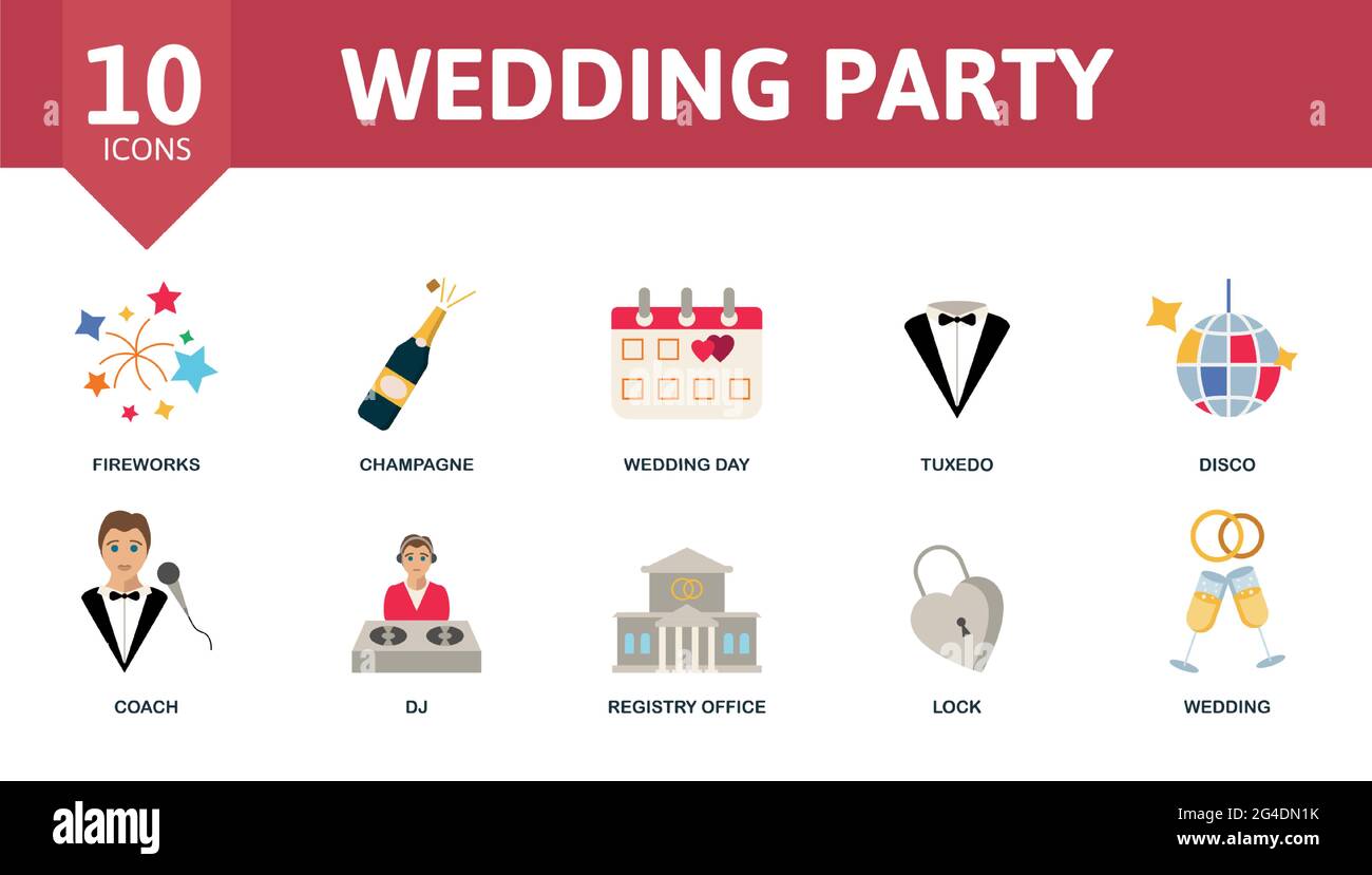 Wedding Party icon set. Contains editable icons wedding theme such as ...