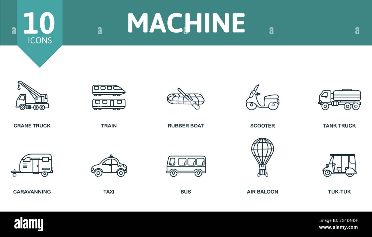 Machine icon set. Contains editable icons vehicle theme such as crane ...