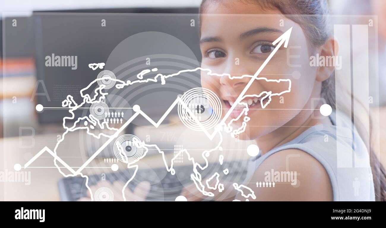 Digital interface with data processing against portrait of girl using ...