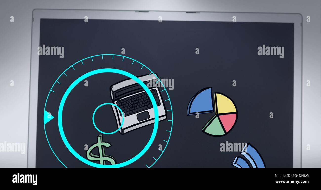 Round scanner over digital icons on laptop against grey background ...