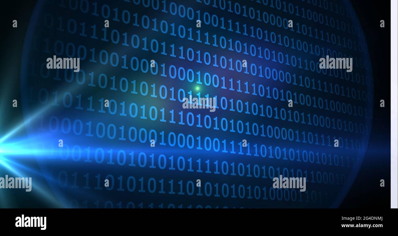 Digitally Generated Image Of Binary Coding Data Processing Against Spot Of Light On Black