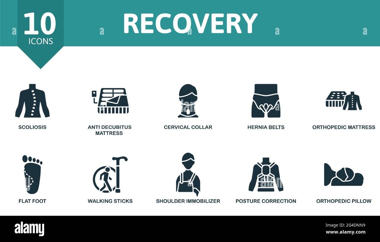 Recovery icon set. Contains editable icons trauma rehabilitation theme ...