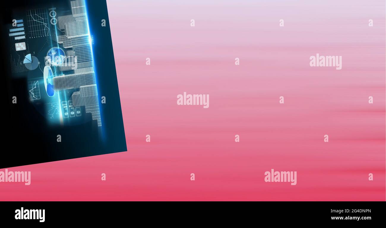 Digital interface with data processing over 3d city model against pink ...