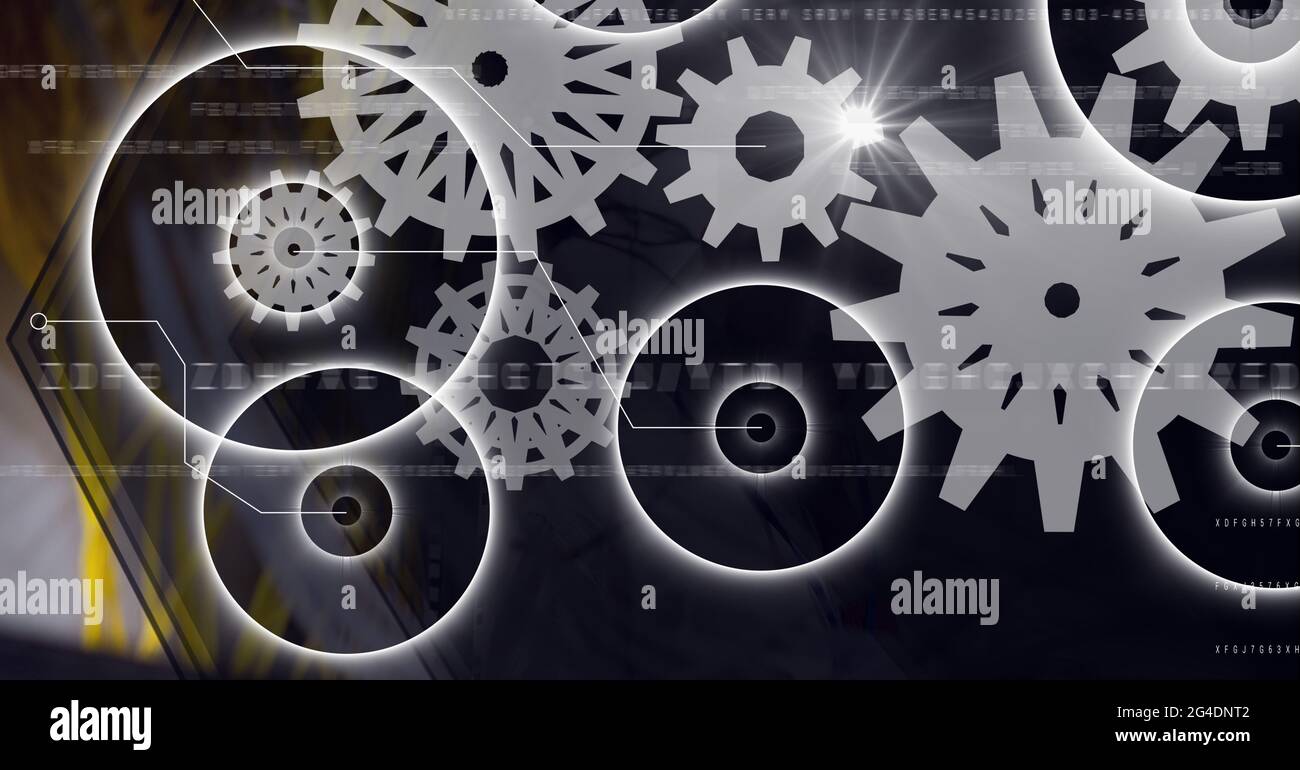 Multiple setting icons over close up of computer server against black ...