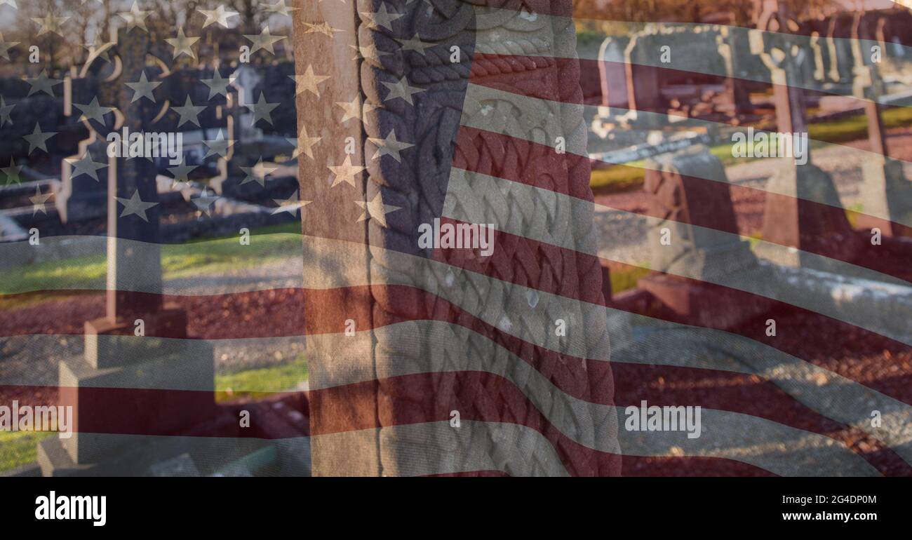 Composition of american flag over cemetery Stock Photo - Alamy