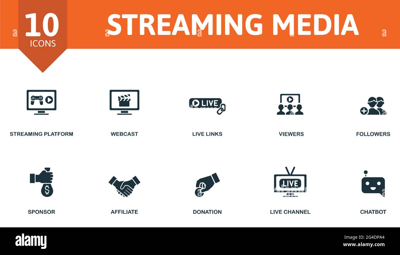 Streaming Media icon set. Contains editable icons streaming theme such ...
