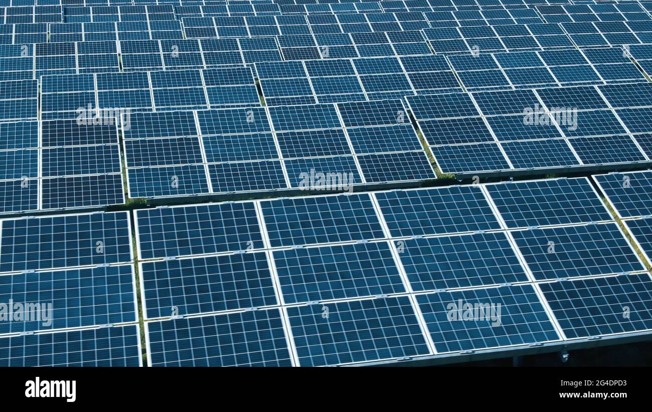 Aerial view of Solar Panels Farm solar cell with sunlight. Drone flight ...