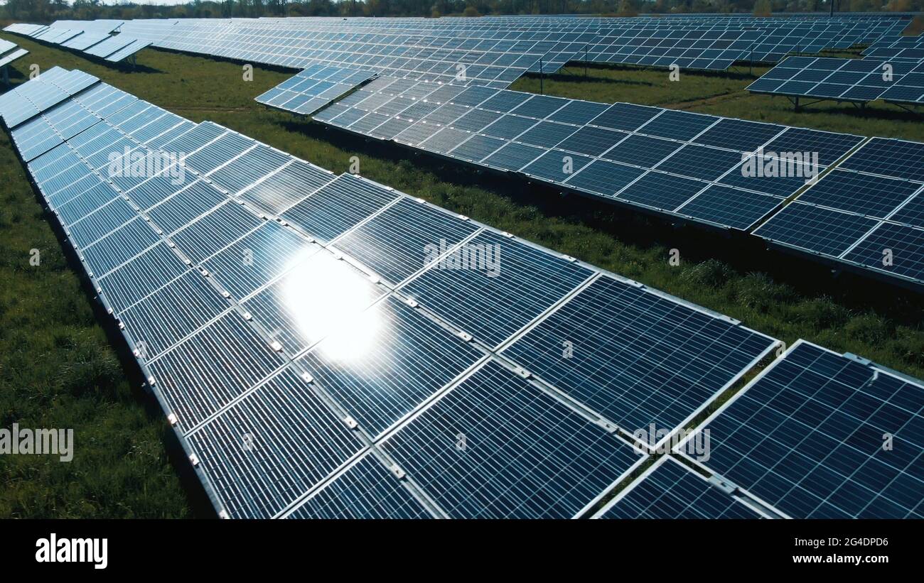 Solar Panel Array. Drone Aerial View of Modern Photovoltaic Electricity ...