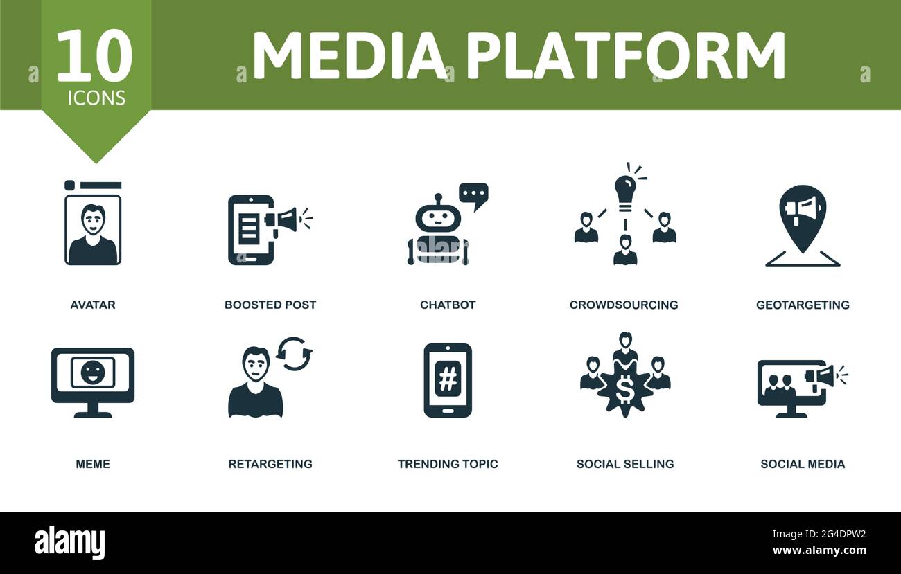Media Platform icon set. Contains editable icons social media theme ...