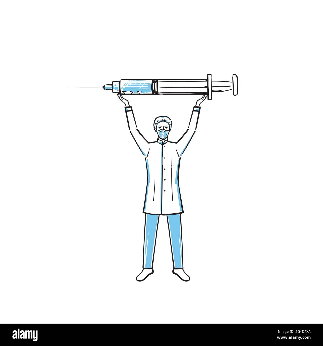 Hand drawing Doctor with big syringe with vaccine isolated on white ...