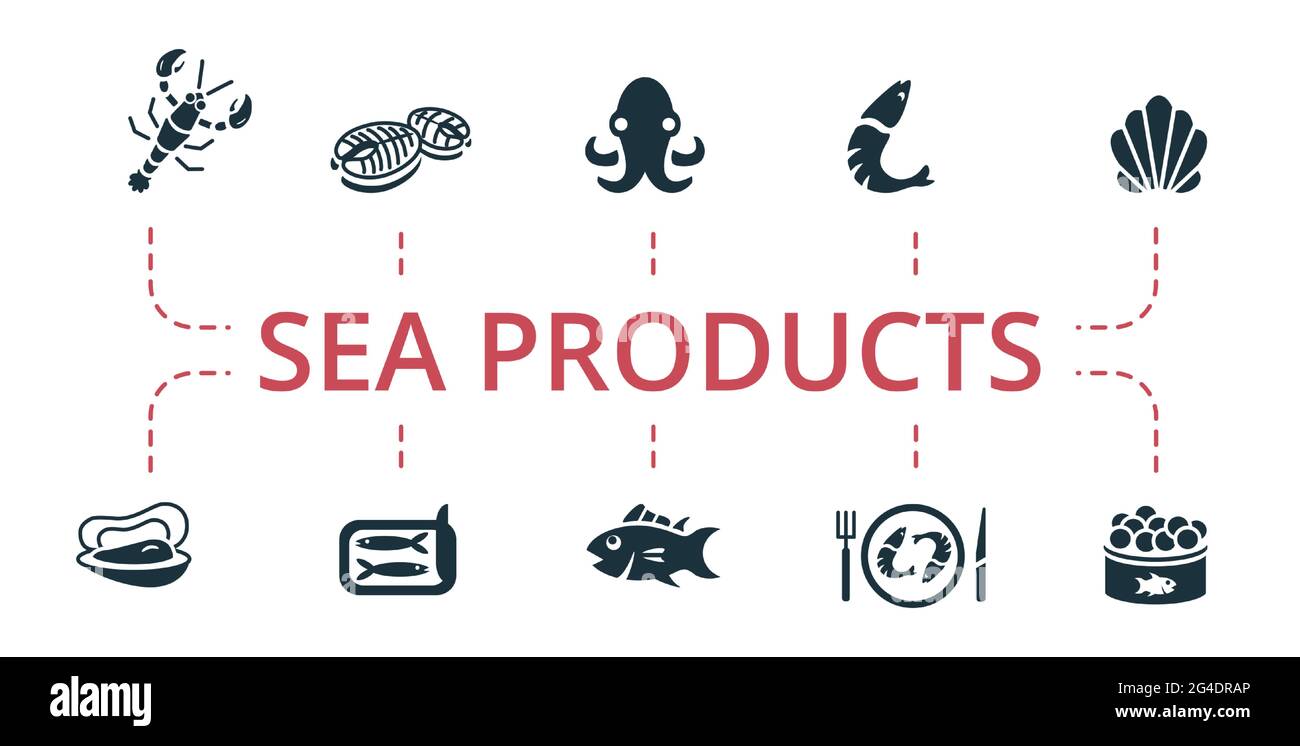 Sea Products icon set. Contains editable icons seafood theme such as ...