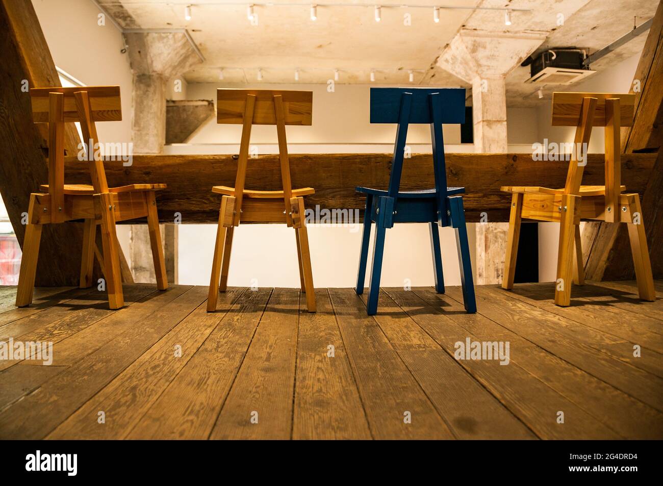 Wooden chairs in an art gallery in the M50 art district in Putuo ...