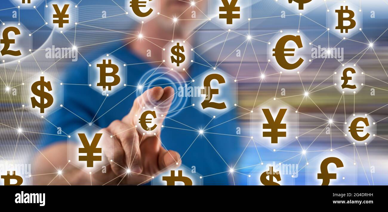 Man touching a currency network concept on a touch screen with his ...