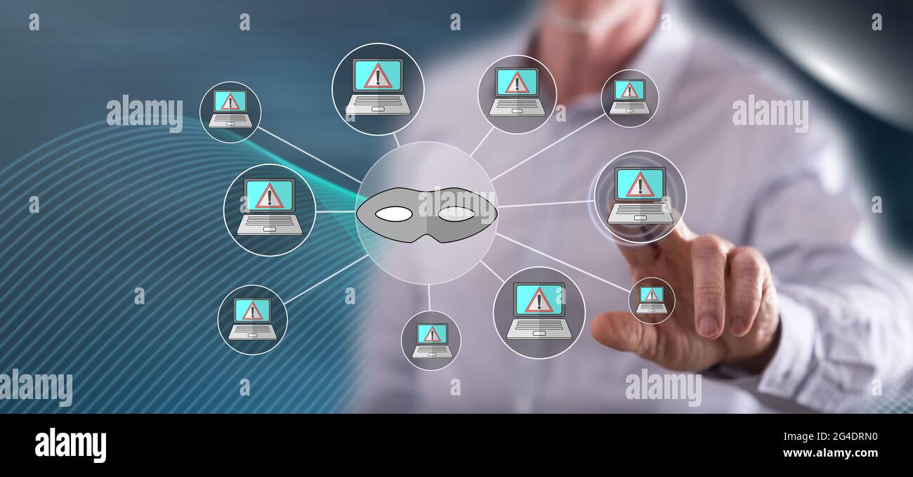 Man touching a cyber attack concept on a touch screen with his finger ...