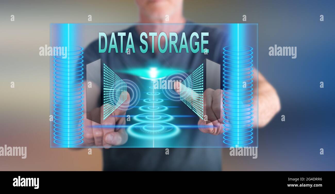 Man touching a data storage concept on a touch screen with his fingers ...
