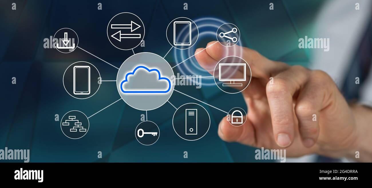 Man touching a cloud computing concept on a touch screen with his ...