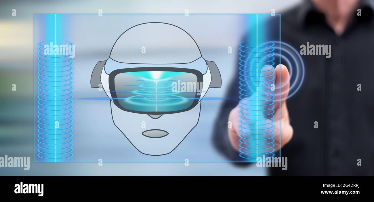 Man touching a virtual reality concept on a touch screen with his ...