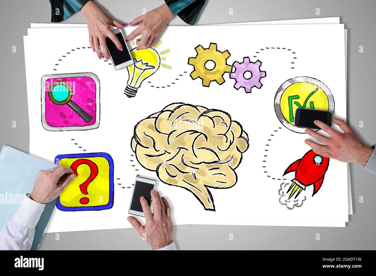 Problem solving concept placed on a desk with hands using smartphones ...