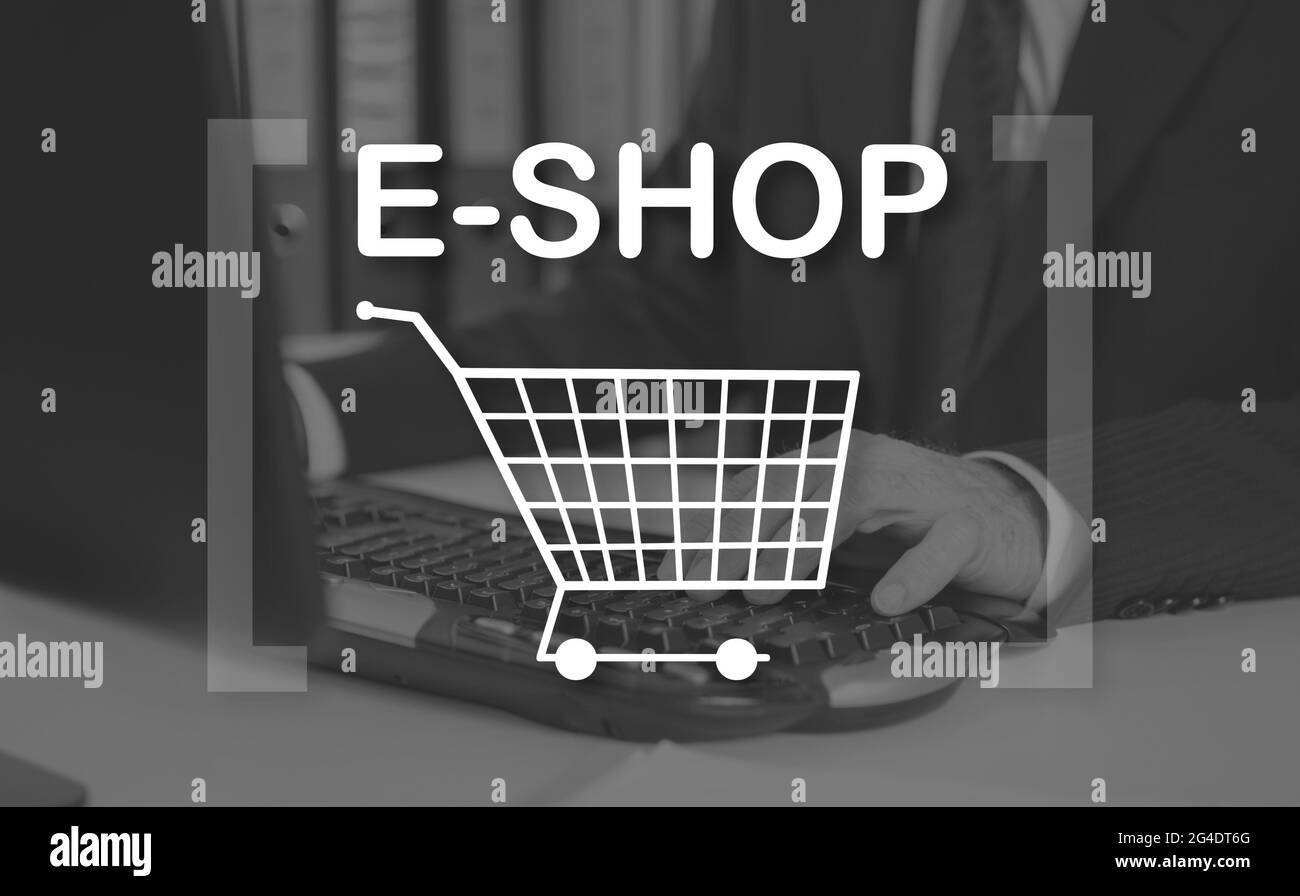 E-shop concept illustrated by a picture on background Stock Photo - Alamy