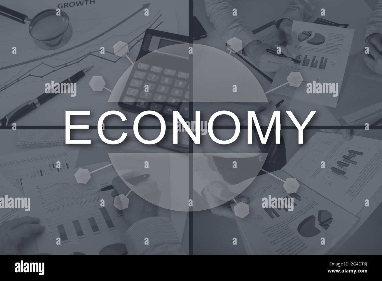 Economy concept illustrated by pictures on background Stock Photo - Alamy