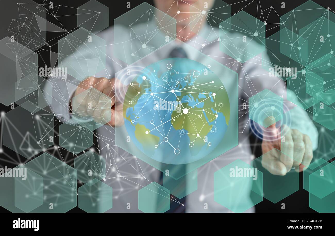 Man touching global connection on a touch screen with his fingers Stock ...