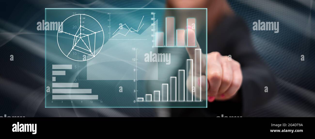 Woman touching a data analysis concept on a touch screen with her ...