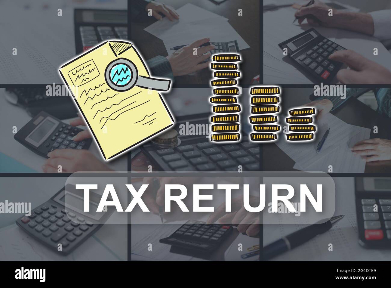 Tax return concept illustrated by pictures on background Stock Photo ...