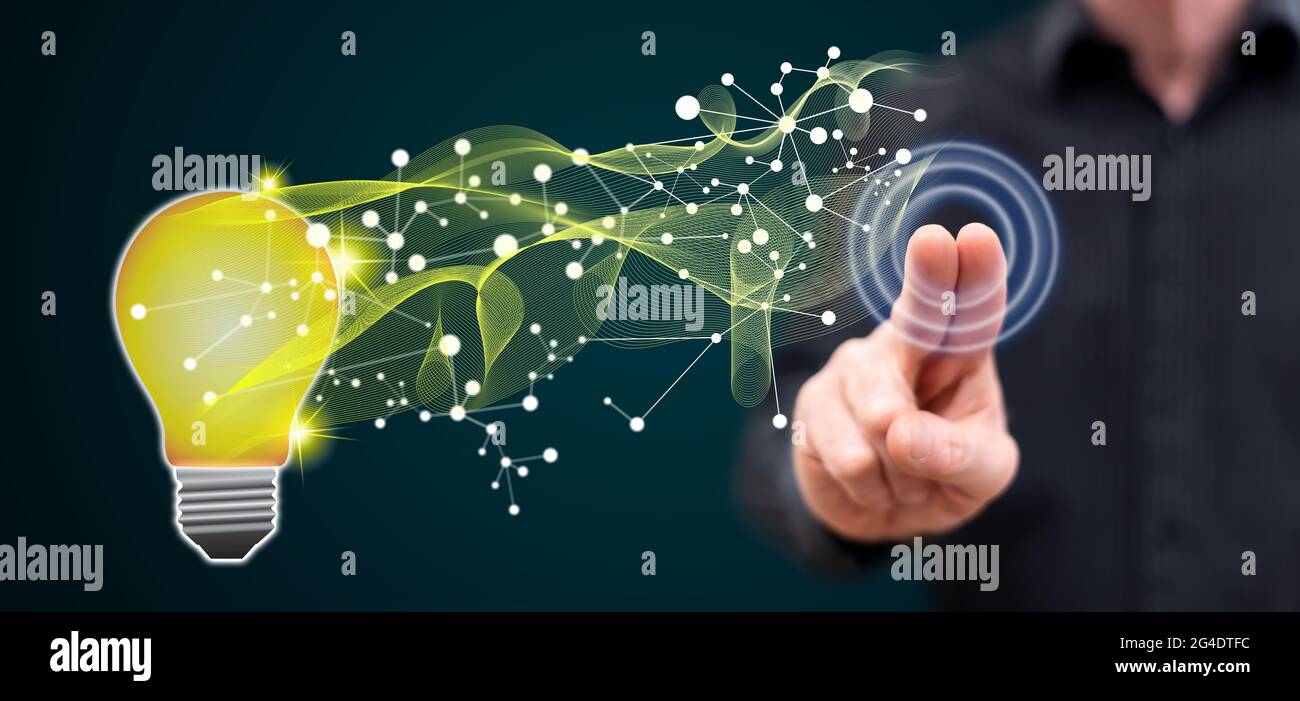 Man touching a technology innovation concept on a touch screen with his ...