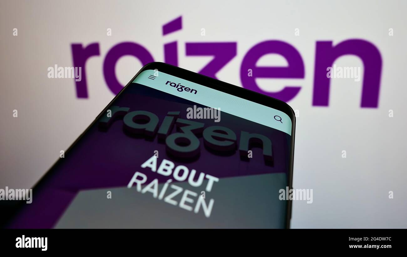 Mobile phone with webpage of Brazilian energy company Raizen S.A. on ...