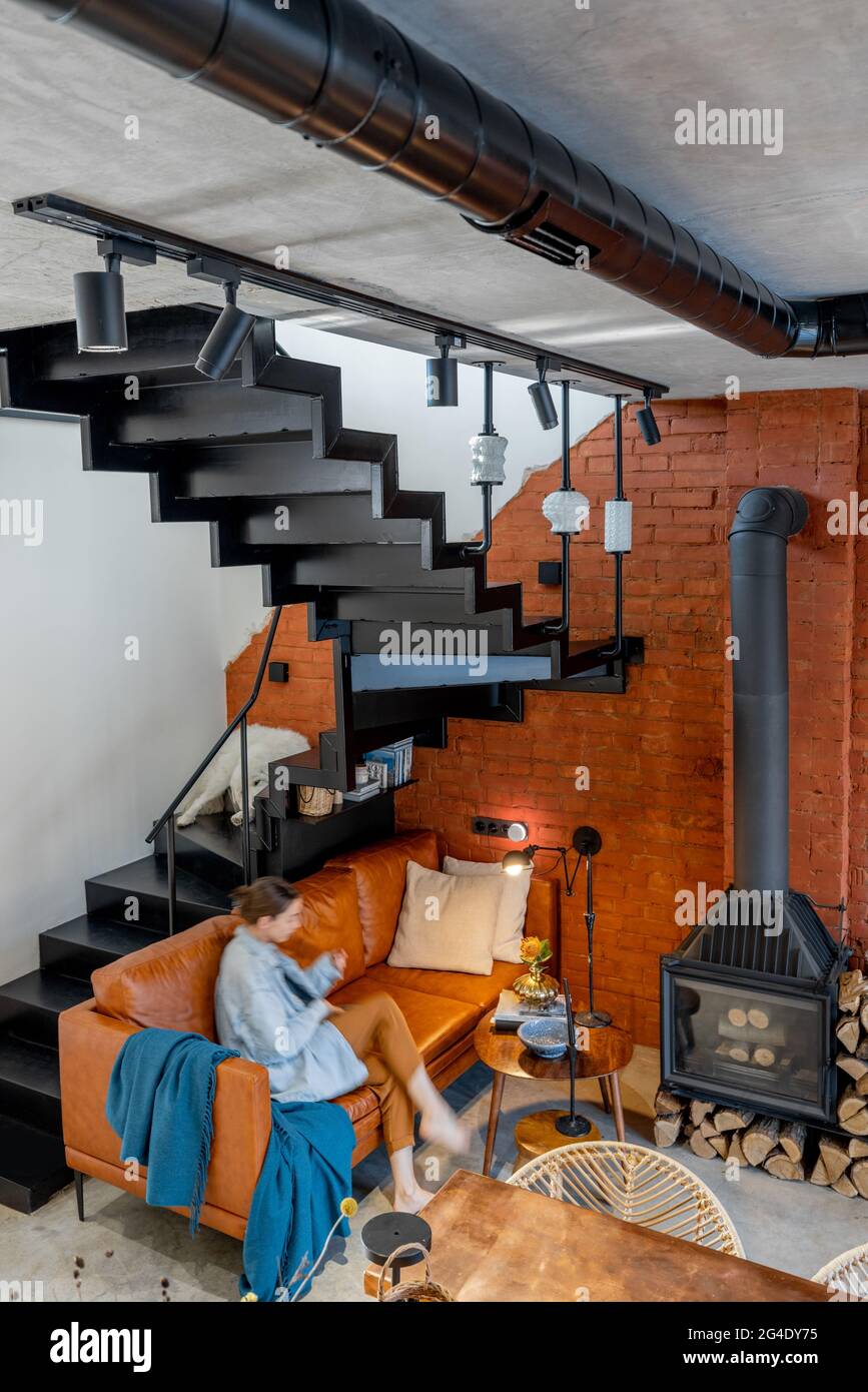 Stylish house living room interior in mixed style Stock Photo - Alamy