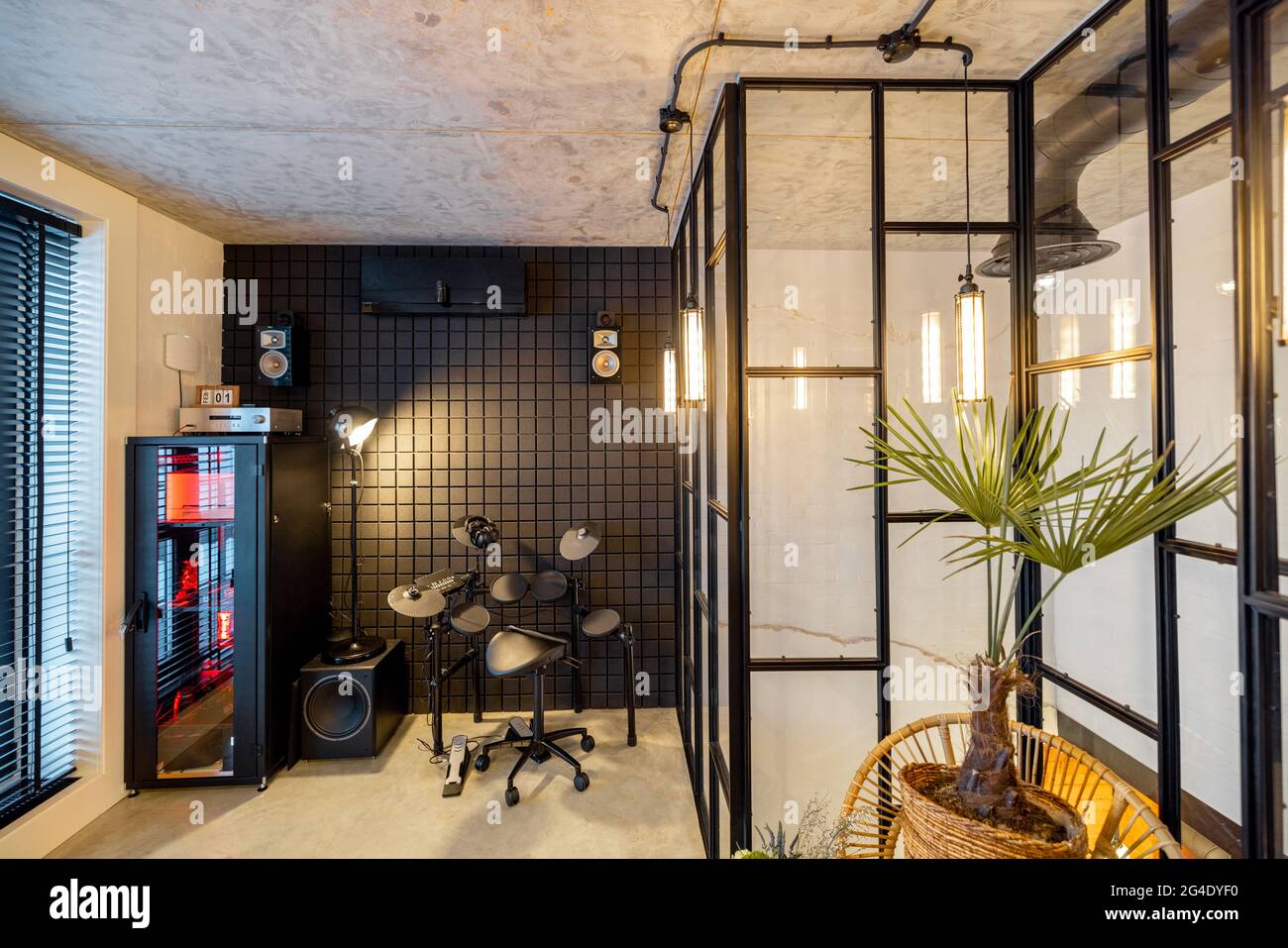 Home recording studio in modern style with drums Stock Photo - Alamy