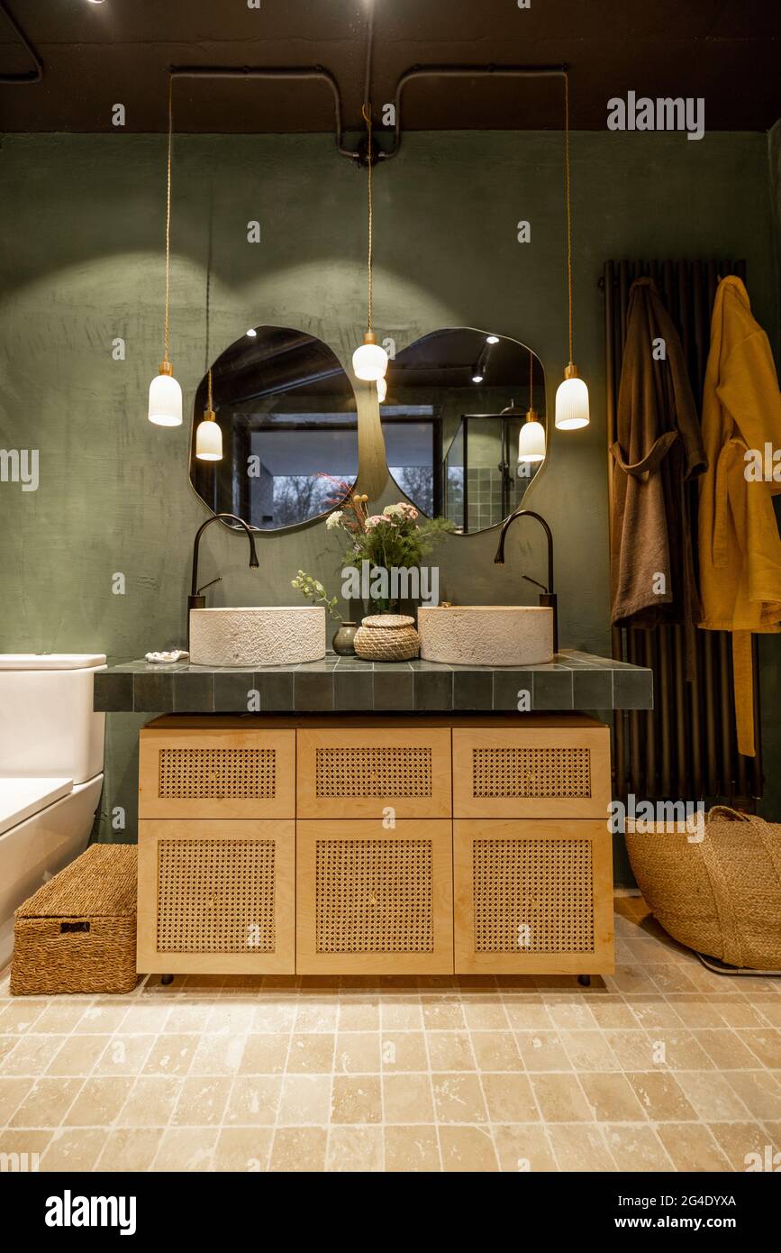 Bathroom interior in natural boho style Stock Photo - Alamy