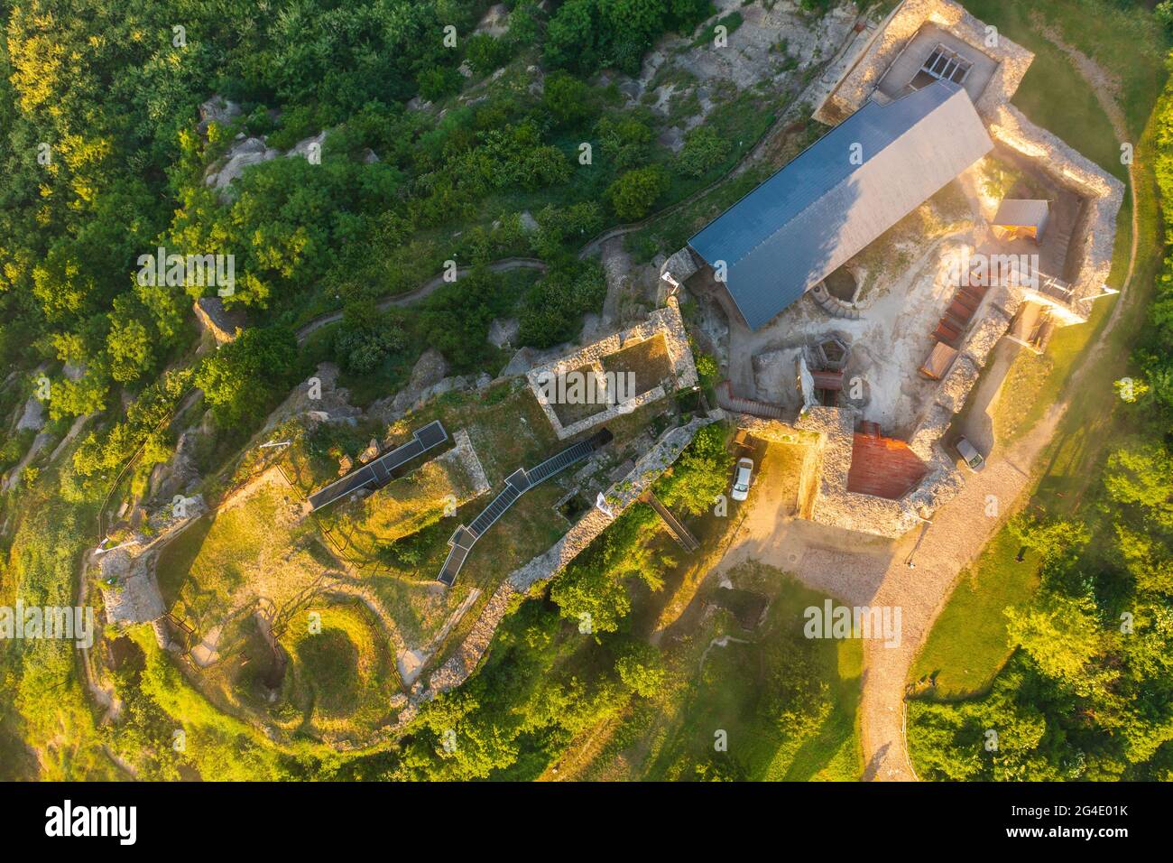 Aerial view about castle of Sirok with misty matra mountains at the ...
