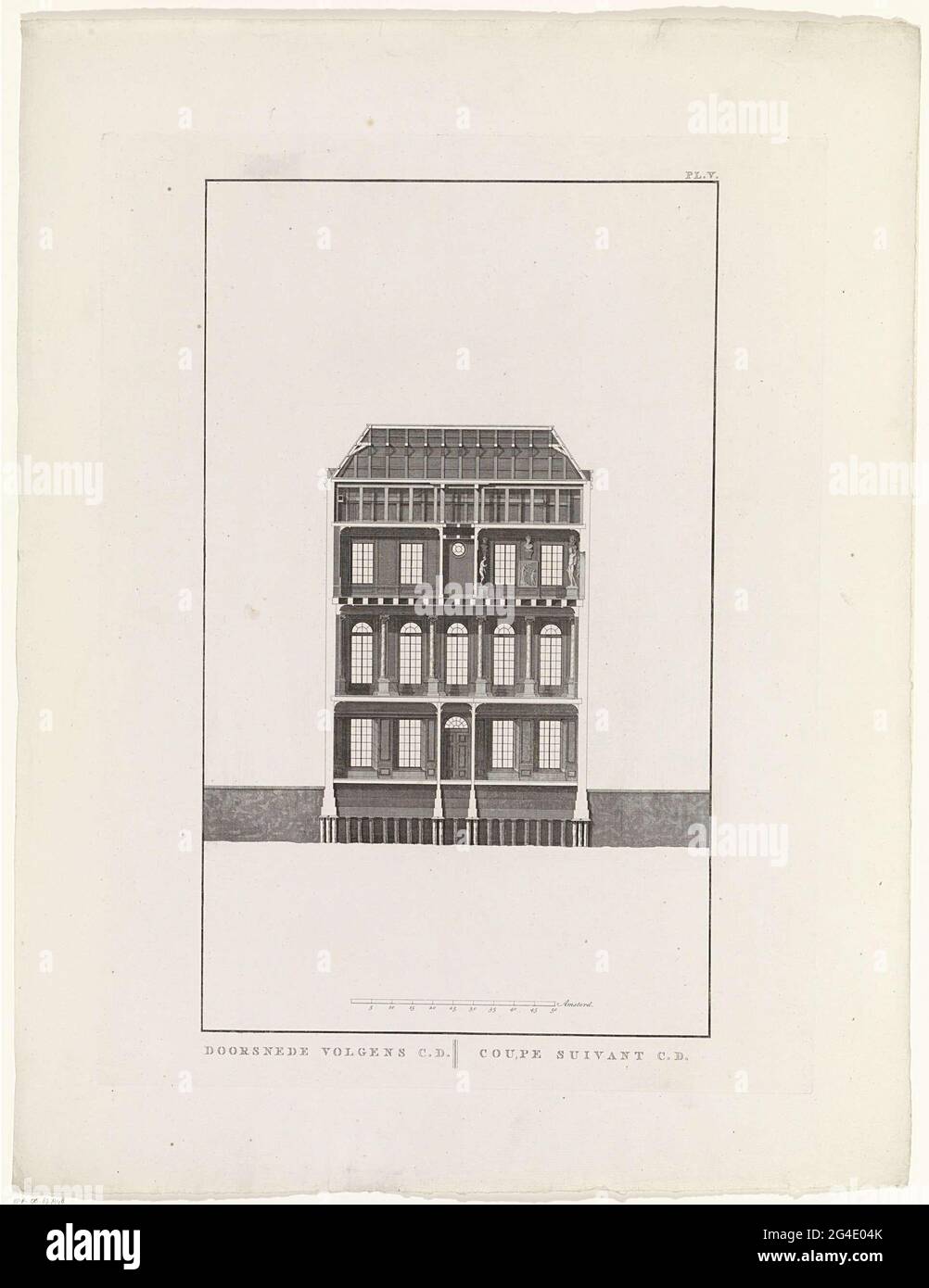 . Cross section of building Felix Meritis in Amsterdam. Leged at the ...