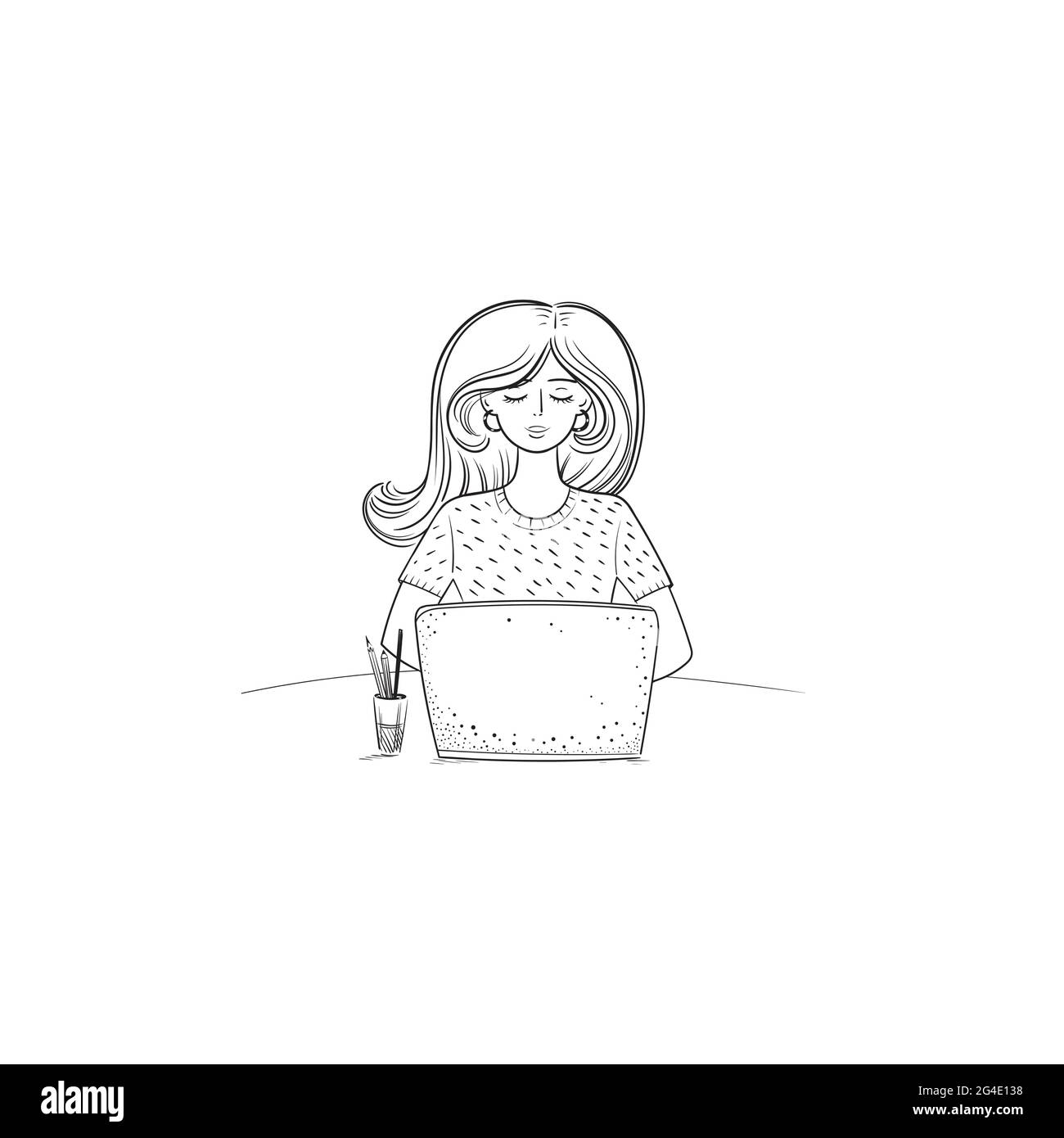 Young woman working at the computer.Female person avatar with laptop ...