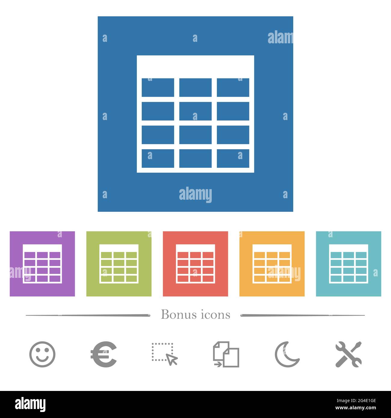 Spreadsheet table flat white icons in square backgrounds. 6 bonus icons ...