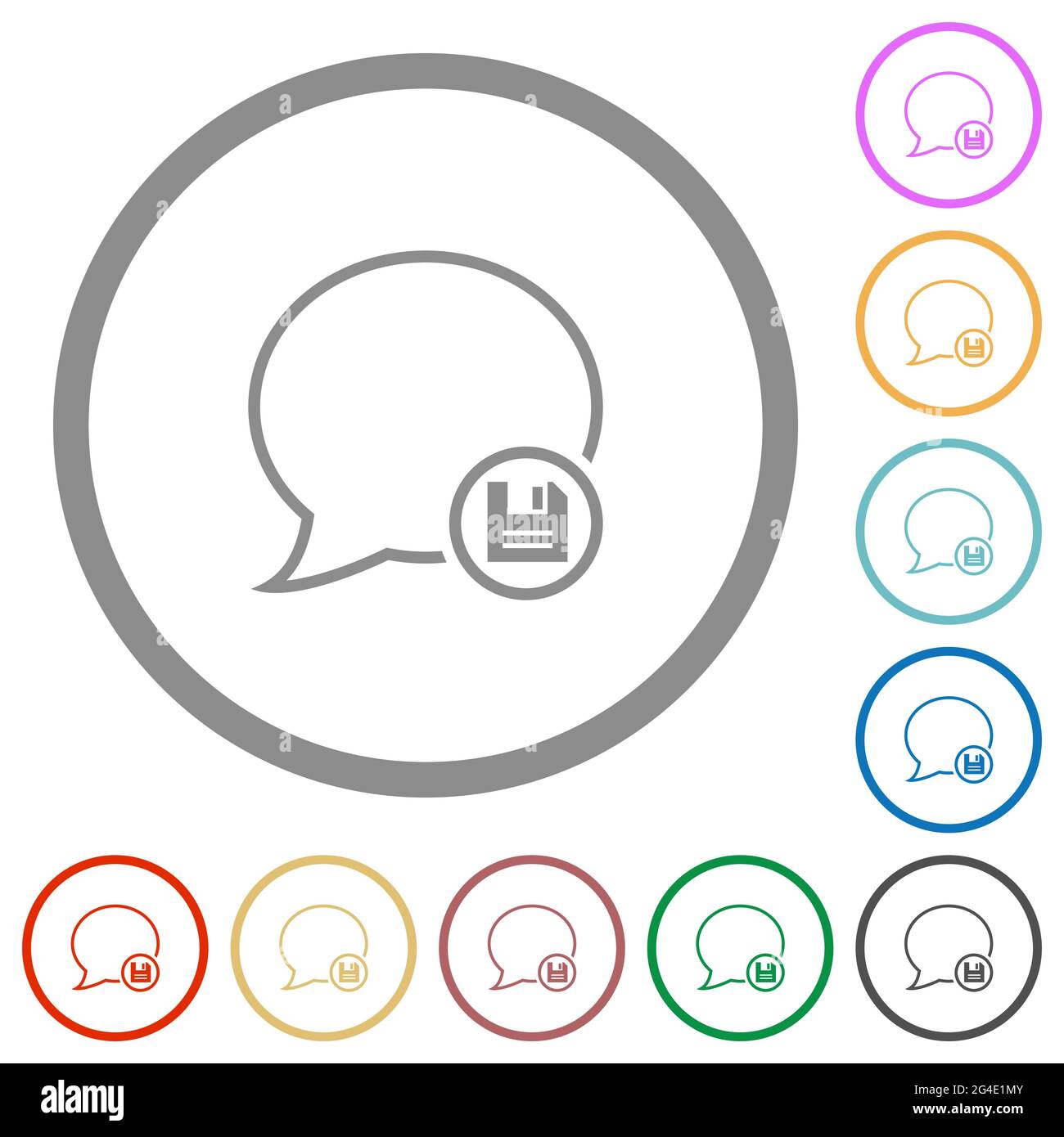 Save message flat color icons in round outlines on white background ...