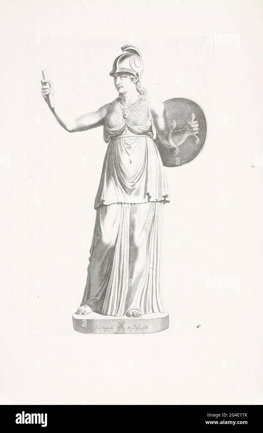 . Statue of Minerva, in classic robe, with a command and shield in the ...
