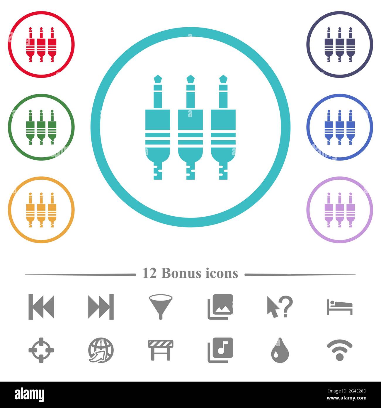 Analog jack connectors flat color icons in circle shape outlines. 12 ...
