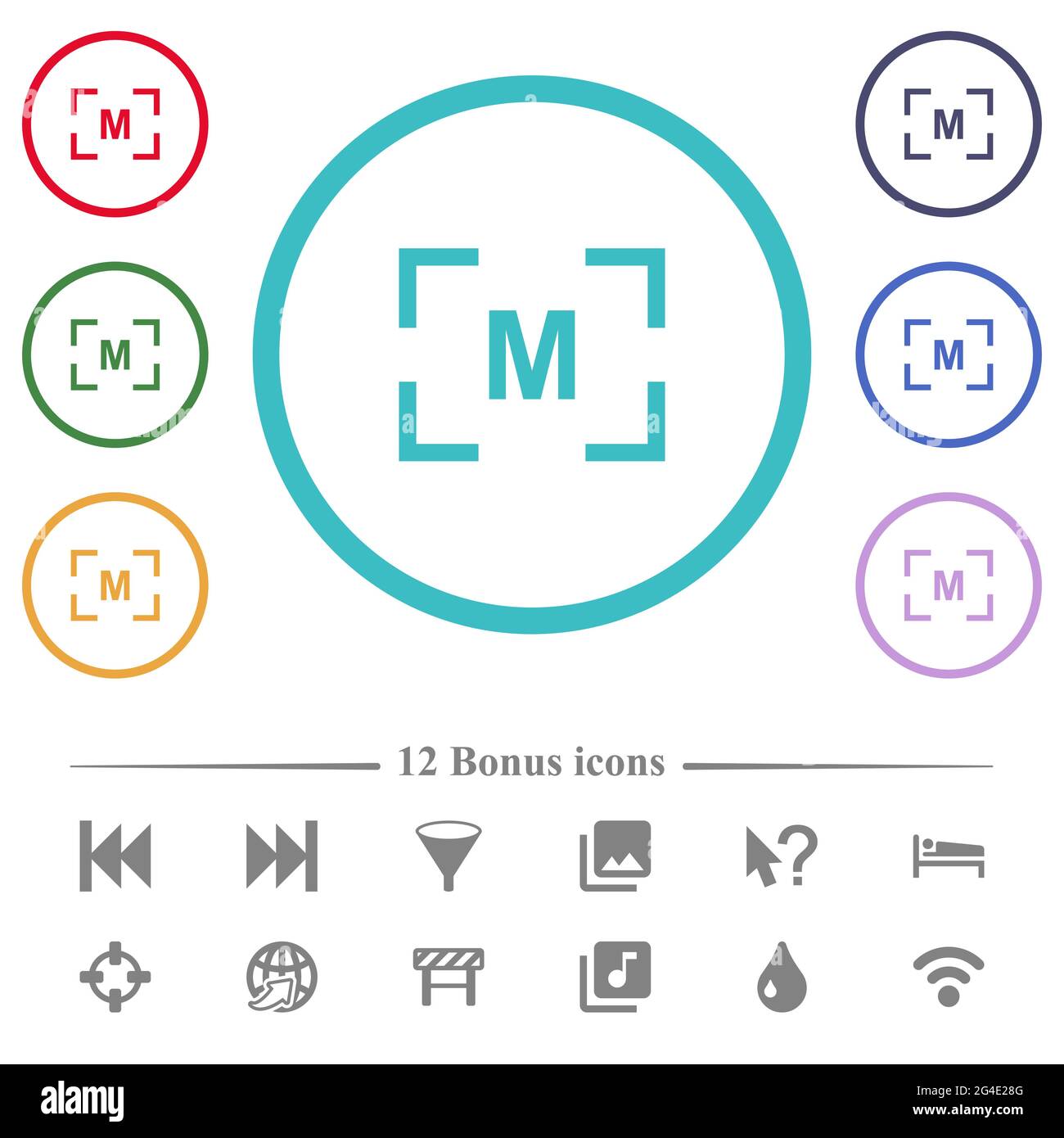 Camera manual settings mode flat color icons in circle shape outlines ...
