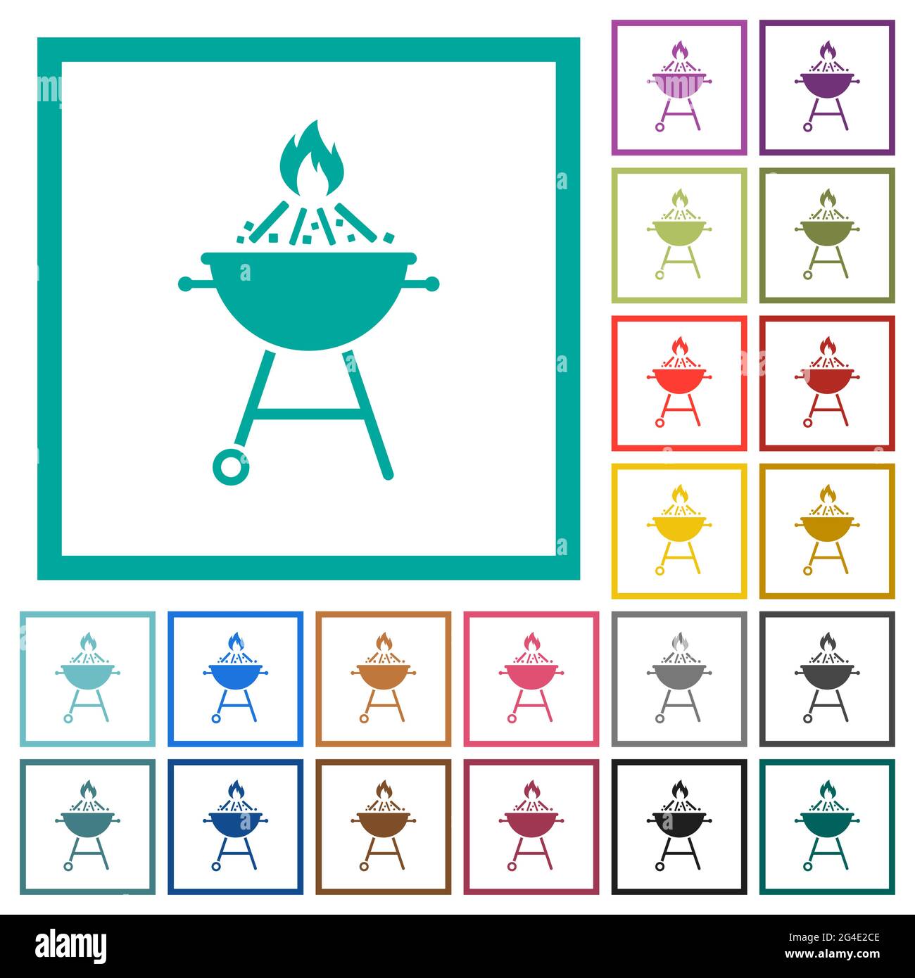 Burning barbecue grill flat color icons with quadrant frames on white ...