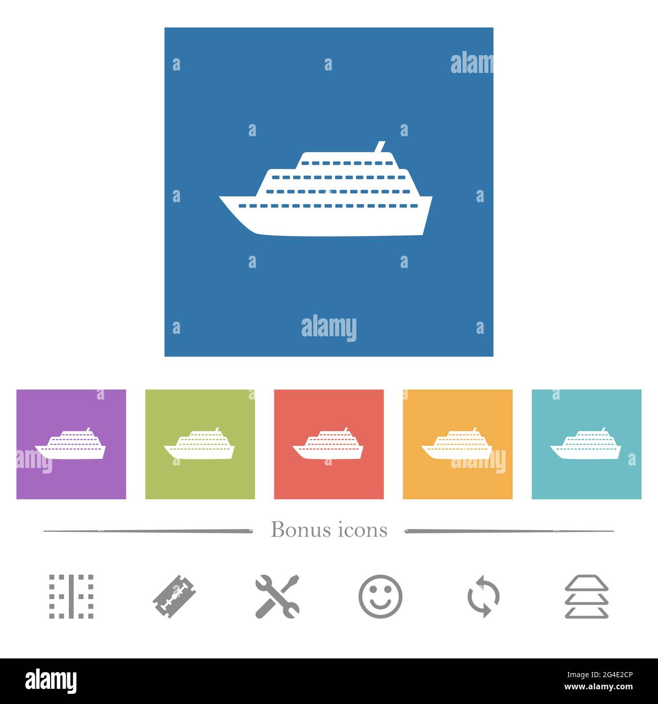 Cruise ship flat white icons in square backgrounds. 6 bonus icons ...