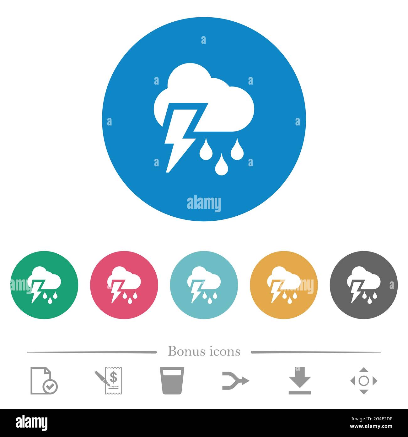 Stormy weather flat white icons on round color backgrounds. 6 bonus ...