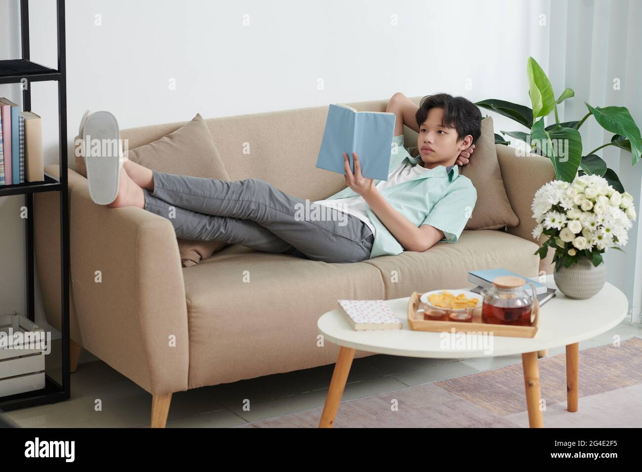 Teenager resting on sofa, drinking tea and reading interesting book ...