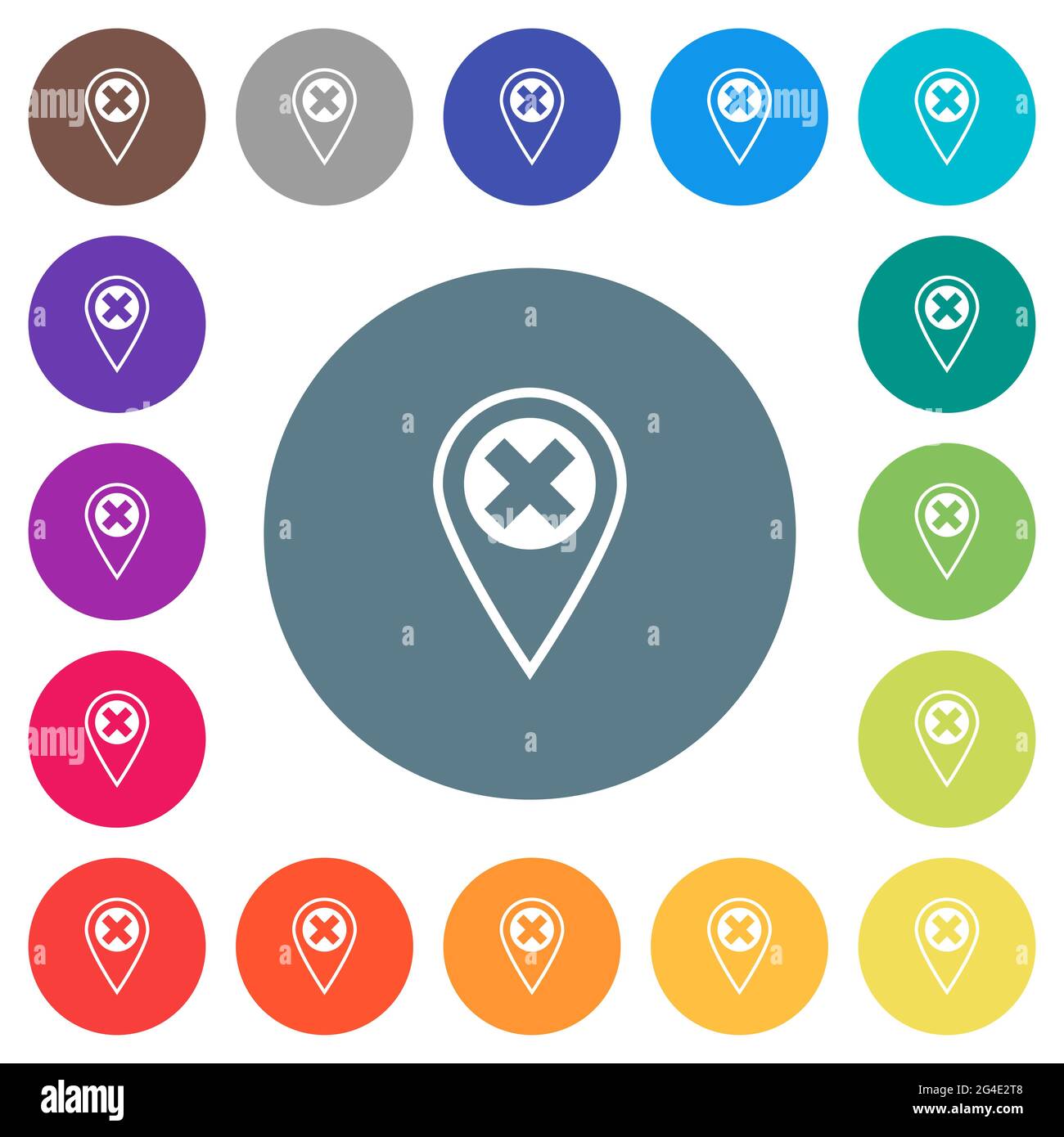 GPS location cancel flat white icons on round color backgrounds. 17 background color variations ...