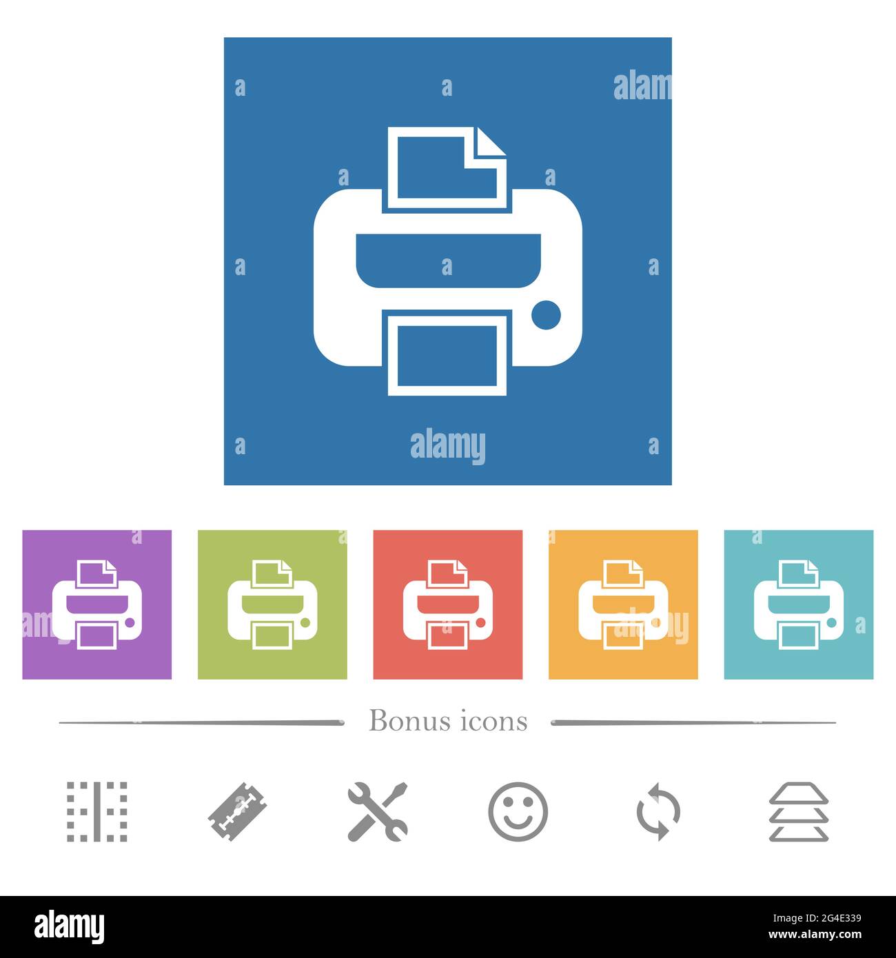 Printer flat white icons in square backgrounds. 6 bonus icons included ...