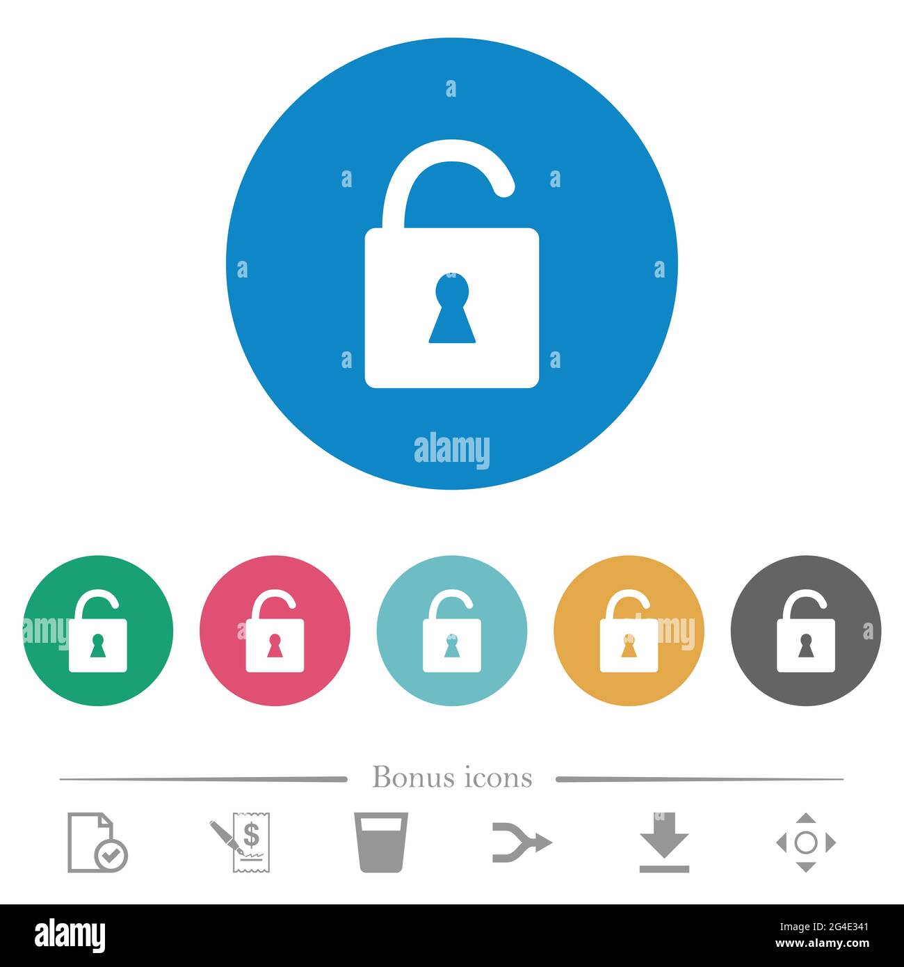 Unlocked padlock with keyhole flat white icons on round color ...