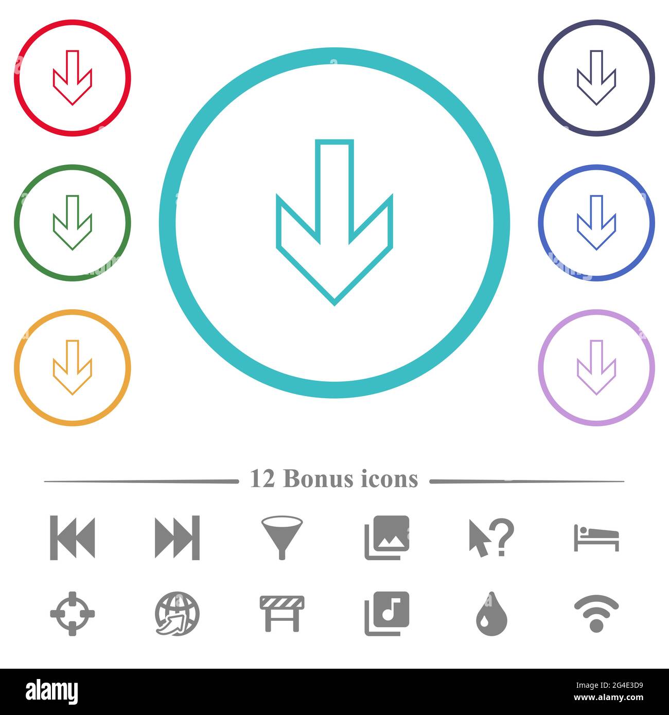 Down arrow outline flat color icons in circle shape outlines. 12 bonus ...