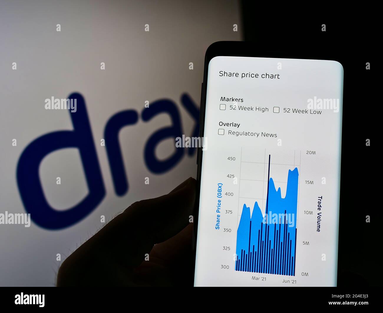 Person holding mobile phone with webpage of British power company Drax ...