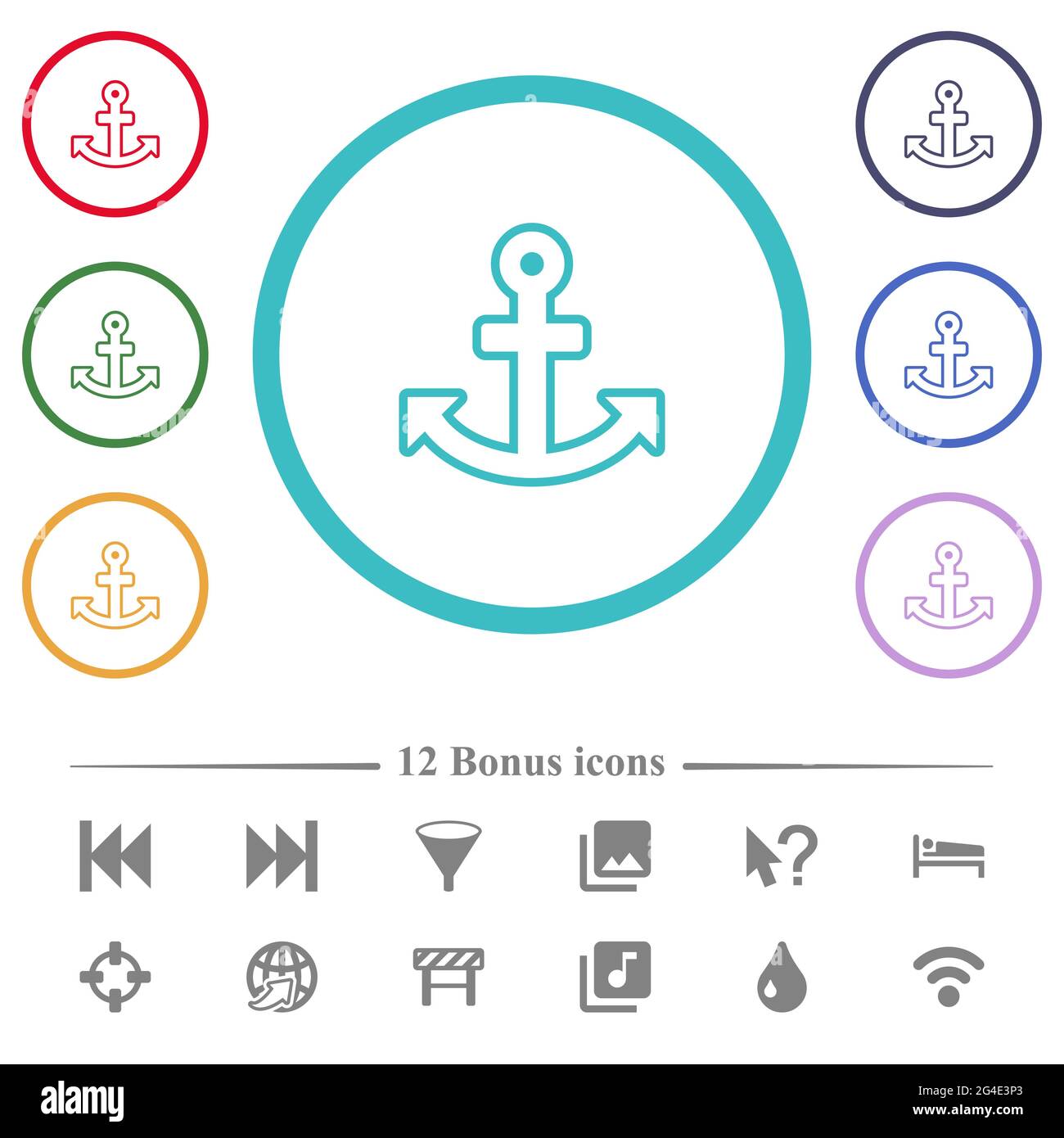 Anchor outline flat color icons in circle shape outlines. 12 bonus ...